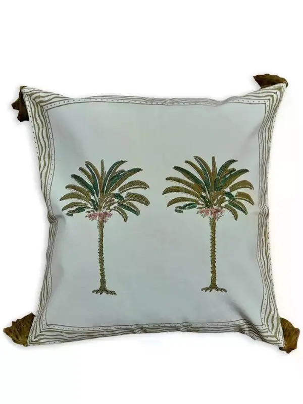 LES-OTTOMANS Palms Hand-printed Cushion - Blue
