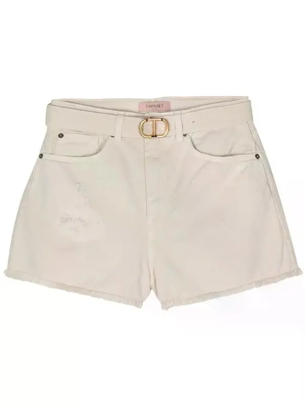 TWINSET Frayed Belted Denim Shorts - Neutrals
