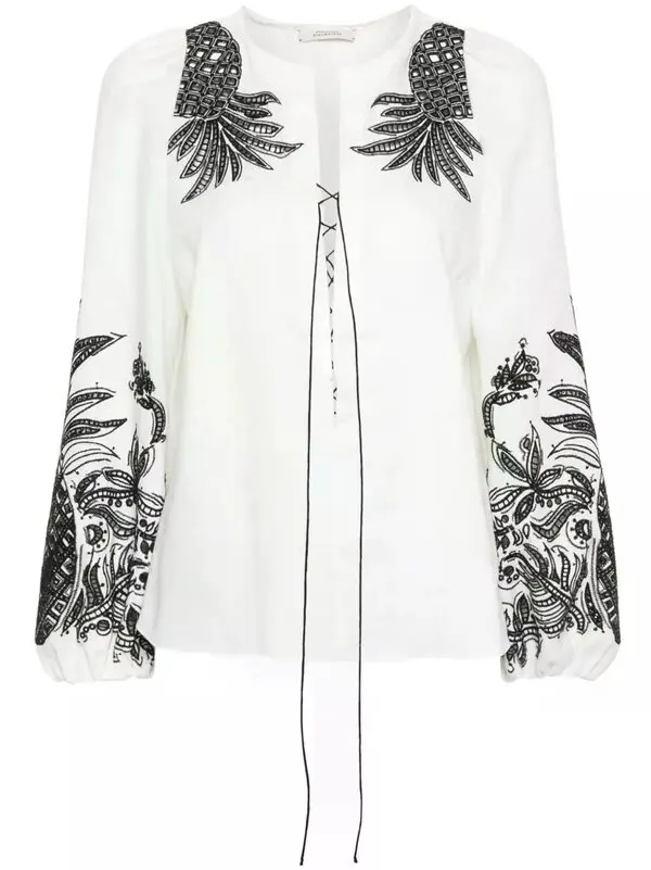 Dorothee Schumacher Pineapple Embroidery Lace-up Linen Blouse - White