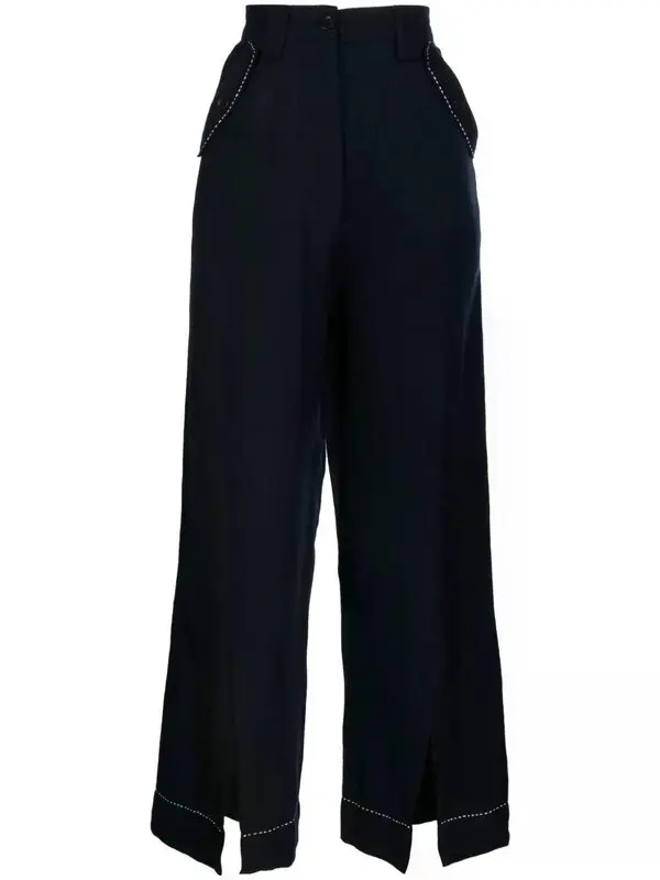 LOVEBIRDS Navy Wool Contrast Stitch Wide-leg Cropped Trousers