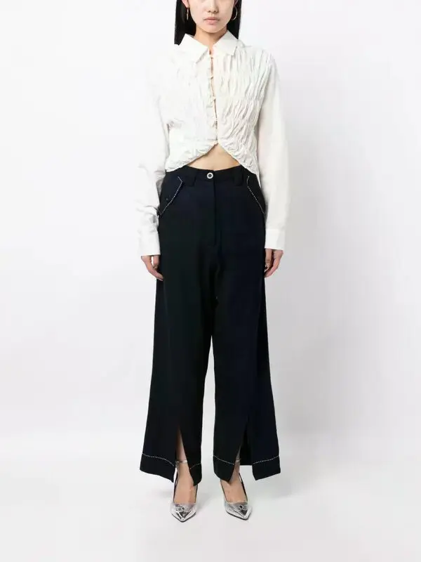 LOVEBIRDS Navy Wool Contrast Stitch Wide-leg Cropped Trousers