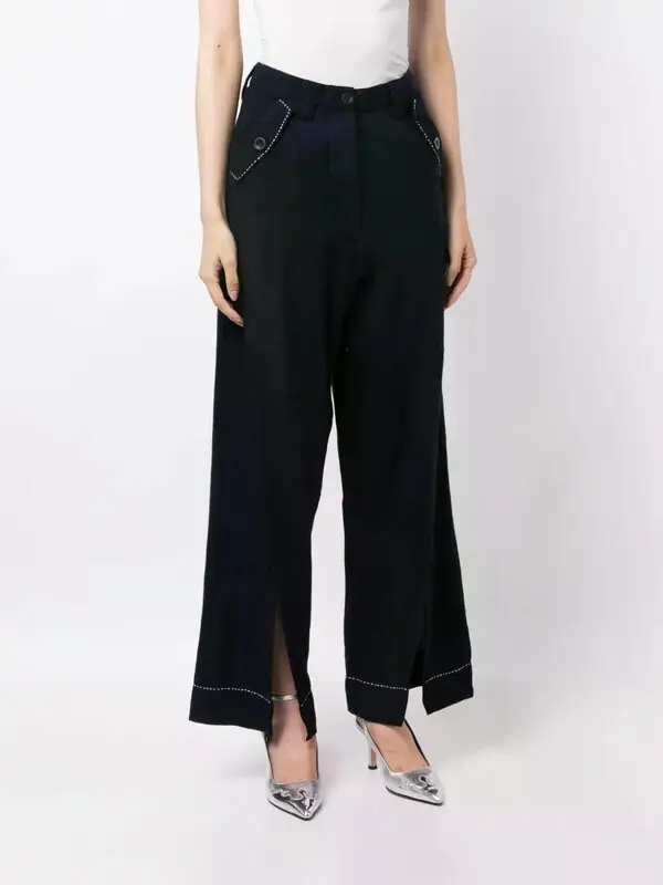 LOVEBIRDS Navy Wool Contrast Stitch Wide-leg Cropped Trousers