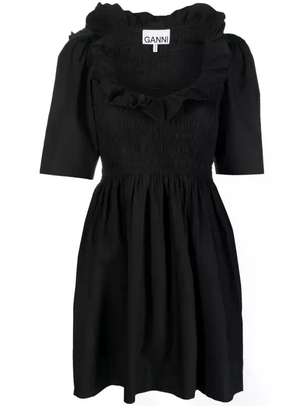 GANNI Smocked Organic Cotton Minidress - Black