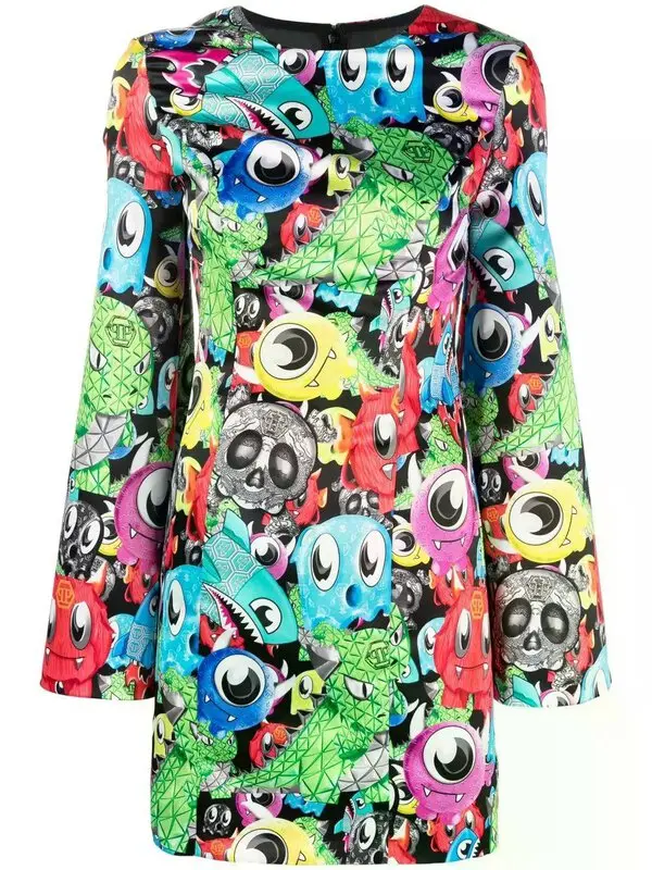 Philipp Plein Graphic-print Long-sleeve Dress - Black