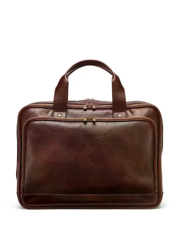 Brunello Cucinelli Leather Briefcase With Logo Stamp - Brown