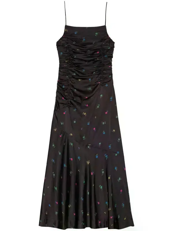 GANNI Ruched Slip Dress - Black