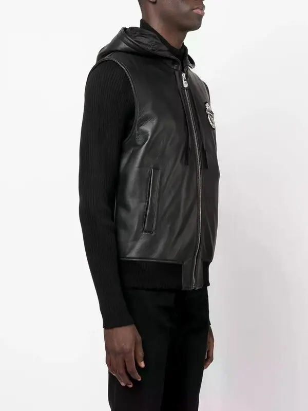 BILLIONAIRE Sleeveless Hooded Leather Zip Vest