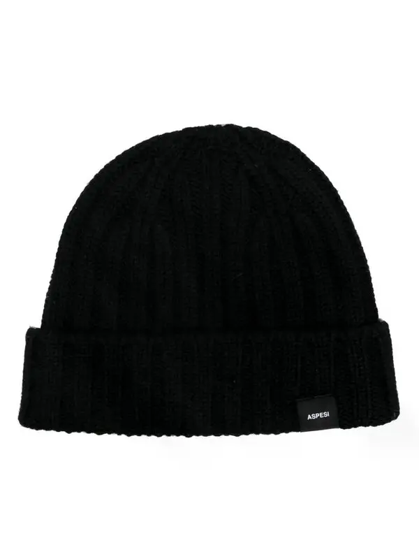 Aspesi Logo-patch Ribbed Beanie - Black