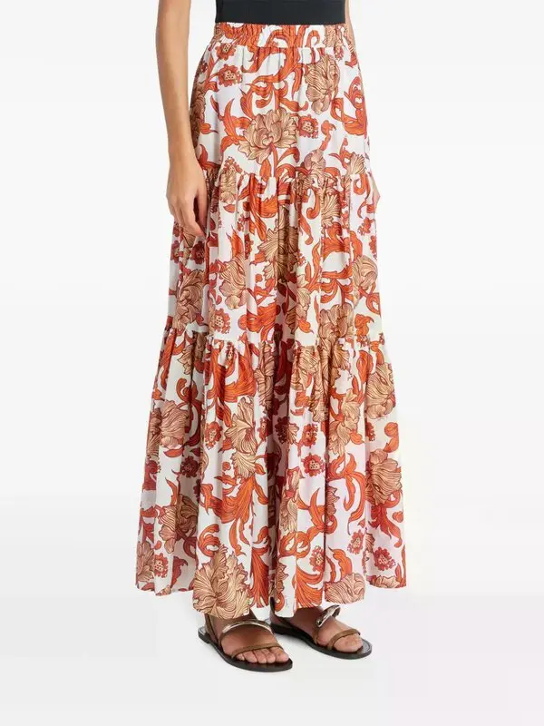 La DoubleJ Floral-print Tiered Long Skirt - White