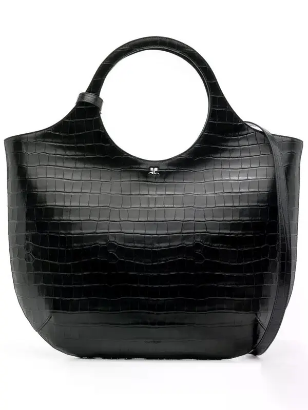 COURREGES Holy Crocodile Embossed Leather Tote - Black