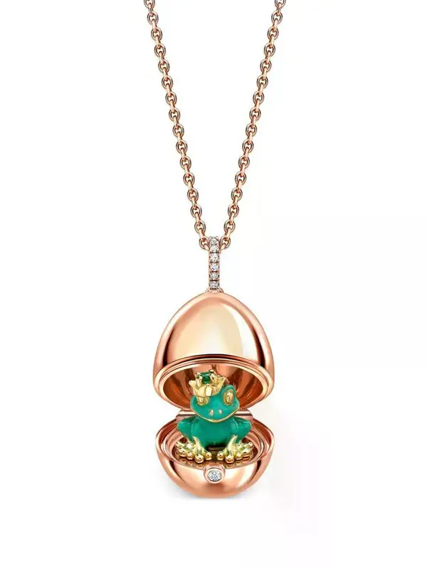 Faberge 18kt Rose Gold Essence Frog Surprise Diamond Locket Necklace - Green