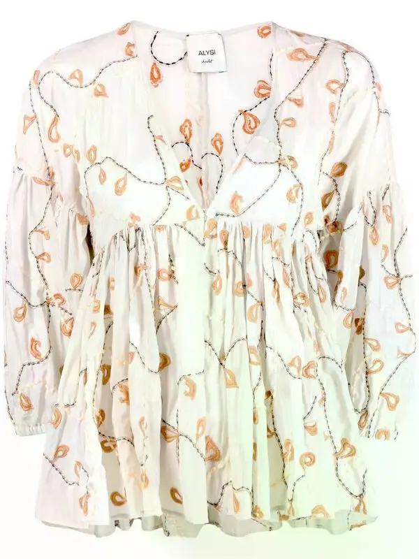 ALYSI Embroidered Flounce Smock Top - Grey