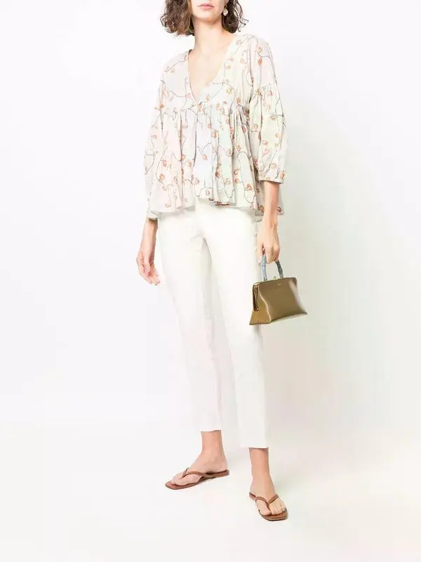 ALYSI Embroidered Flounce Smock Top