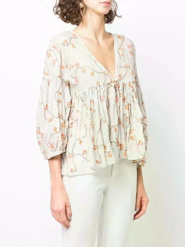 ALYSI Embroidered Flounce Smock Top