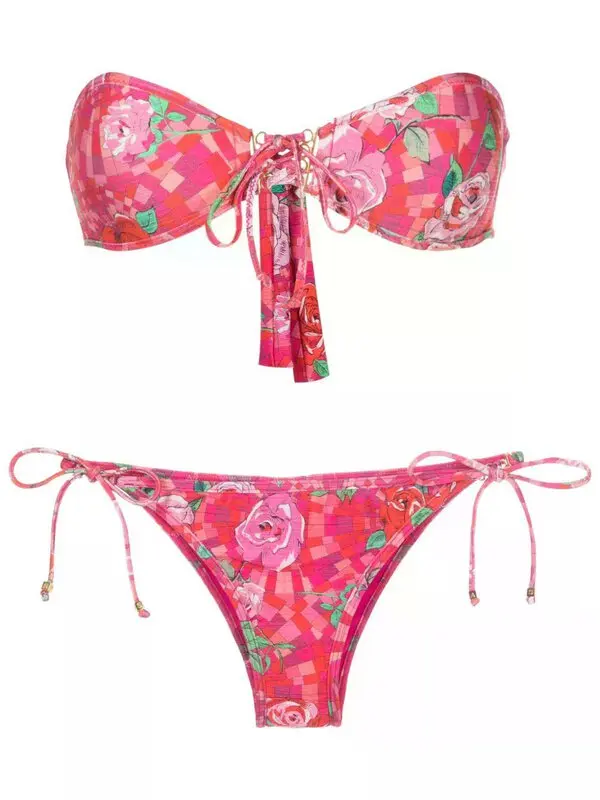 AMIR SLAMA Geometric Floral-print Strapless Bikini - Pink