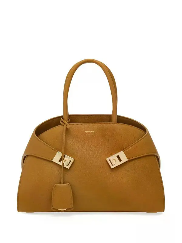 FERRAGAMO Small Hug Tote Bag In Calfskin Leather - Brown