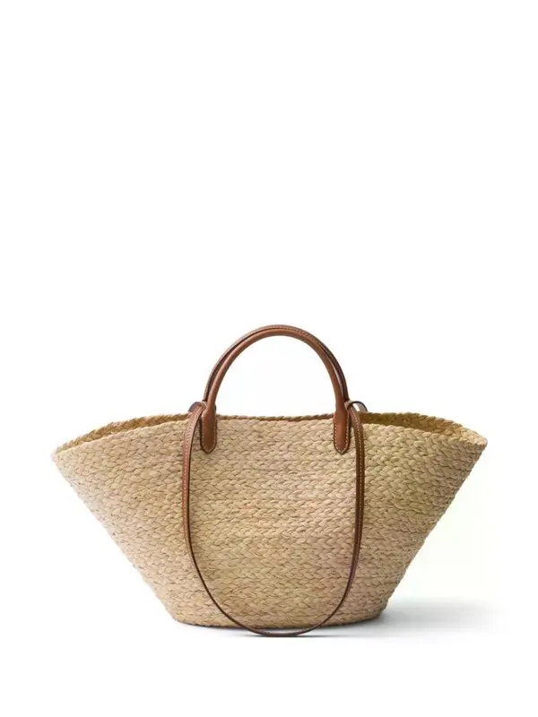 Prada Raffia Woven Tote Bag With Leather Logo Appliqu - Neutrals