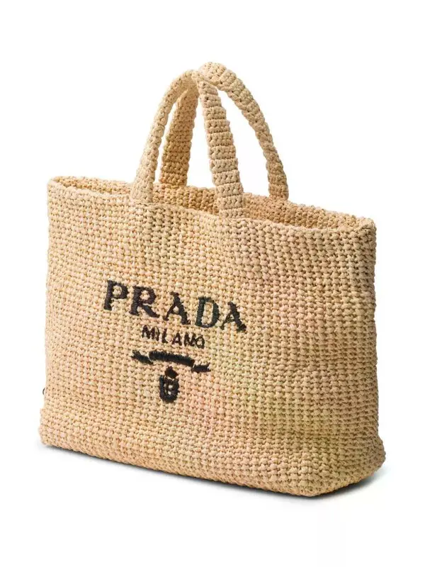 Prada Logo-embroidered Crochet Raffia Tote Bag