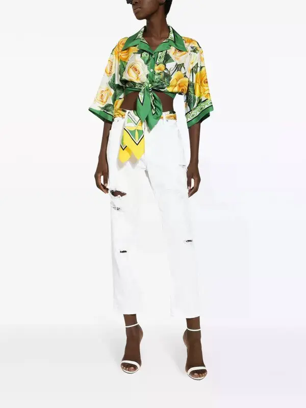 Dolce & Gabbana Rose-print Cropped Silk Shirt
