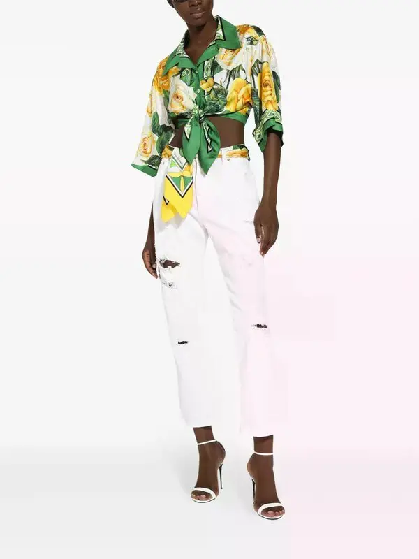 Dolce & Gabbana Rose-print Cropped Silk Shirt