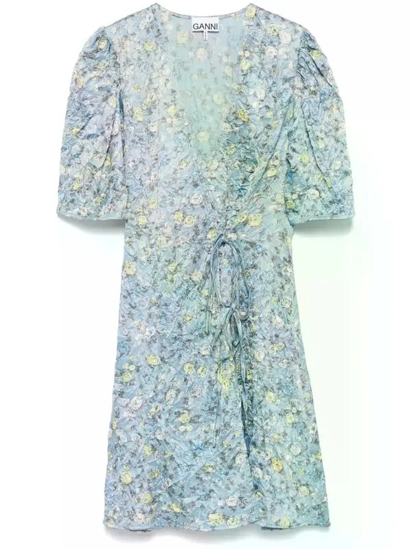 GANNI Floral-print Crinkled Mini Dress - Blue