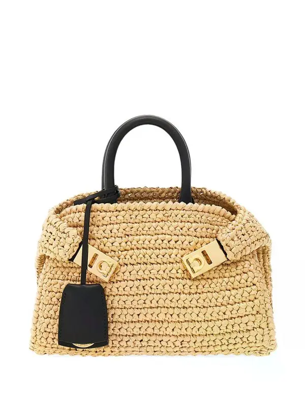 FERRAGAMO Mini Hug Woven Raffia Tote Bag