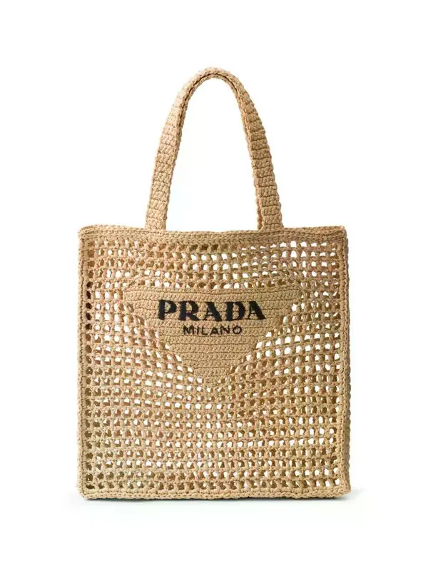 Prada Raffia Crochet Tote Bag With Embroidered Logo - Neutrals