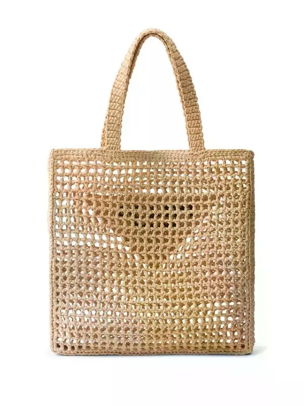 Prada Raffia Crochet Tote Bag With Embroidered Logo - Neutrals