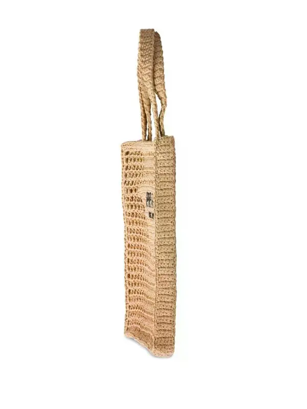 Prada Raffia Crochet Tote Bag With Embroidered Logo - Neutrals