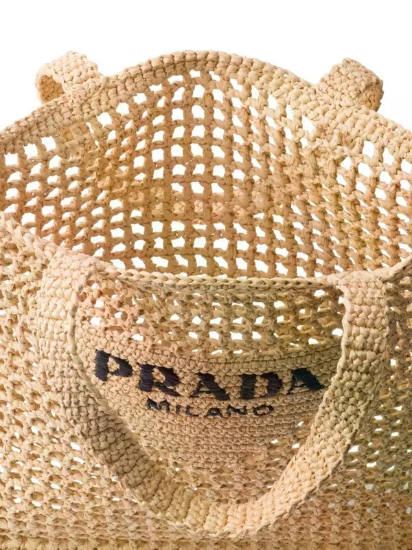 Prada Raffia Crochet Tote Bag With Embroidered Logo - Neutrals