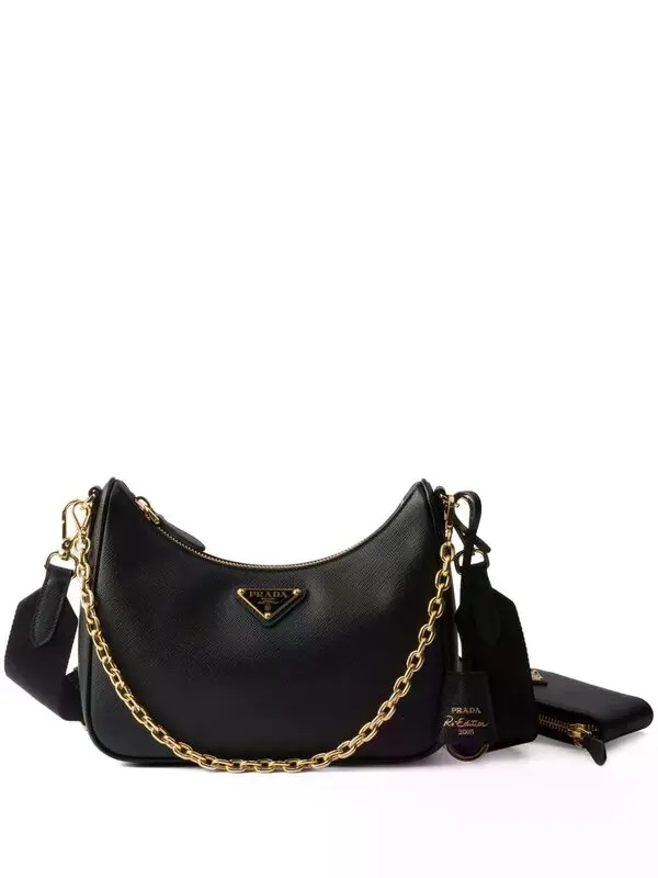 Prada Re-edition 2005 Saffiano Leather Shoulder Bag With Chain And Pouch - Black