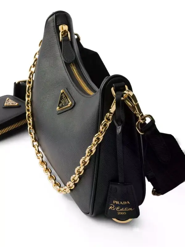 Prada Re-edition 2005 Saffiano Leather Shoulder Bag With Chain And Pouch - Black