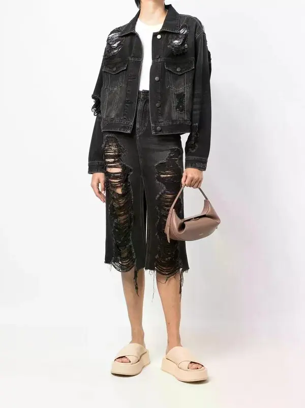 Goen.j Distressed Denim Trucker Jacket - Black