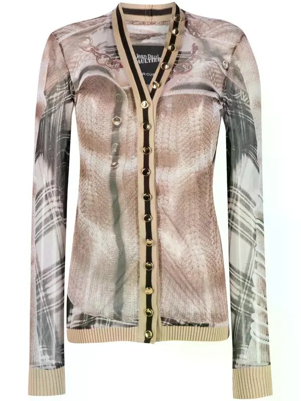 Y/project Trompe L'oeil Mesh Cardigan Top - Neutrals