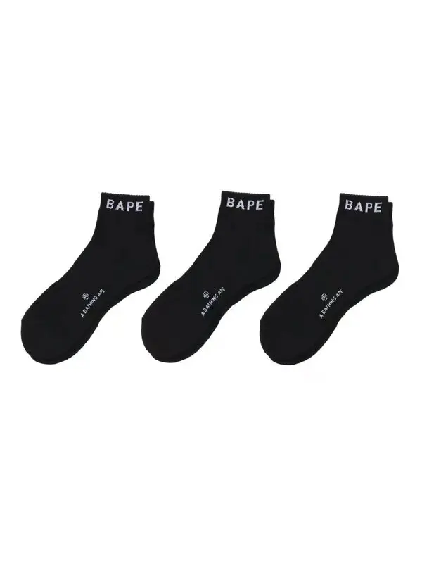 A BATHING APE Logo-embellished Ankle Socks Set Of Three - Black
