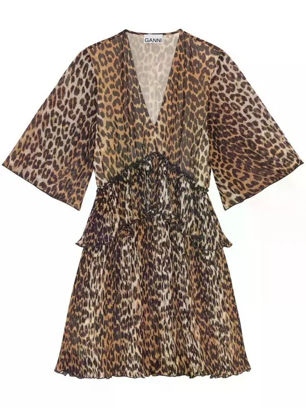GANNI Leopard-print Georgette Minidress - Brown