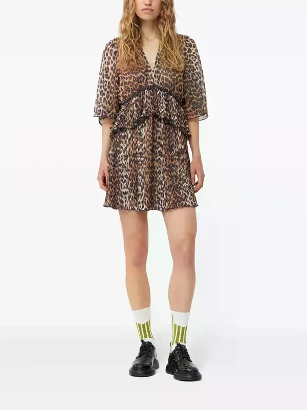 GANNI Leopard-print Georgette Minidress - Brown