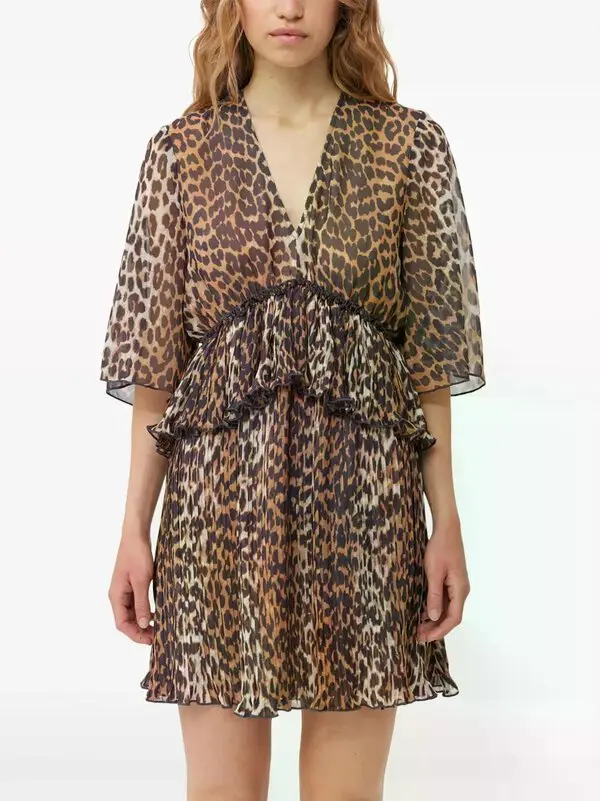 GANNI Leopard-print Georgette Minidress - Brown