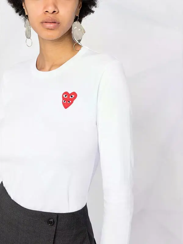 Play Comme Des Garcon Embroidered-logo Long-sleeved Top - White