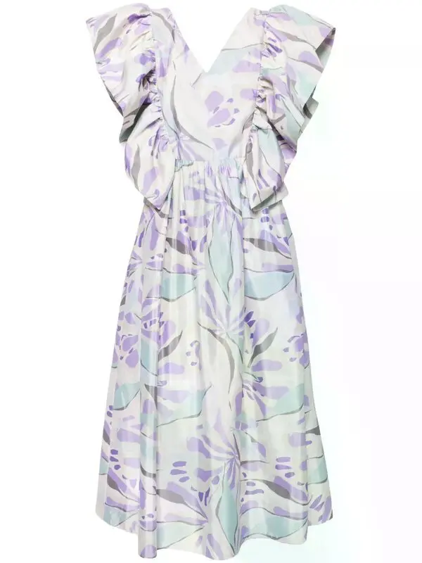 SAIID KOBEISY Ruffled Abstract Pattern Print Taffeta Midi Dress - Neutrals
