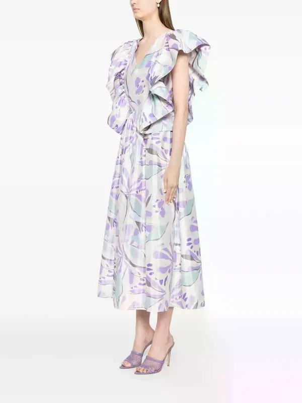 SAIID KOBEISY Ruffled Abstract Pattern Print Taffeta Midi Dress - Neutrals