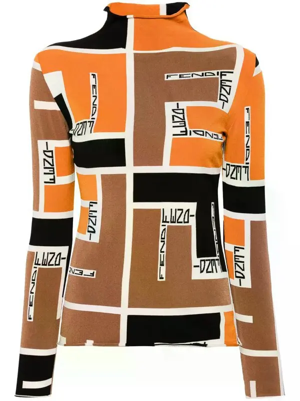Fendi Logo-jacquard Mock-neck Blouse - Orange