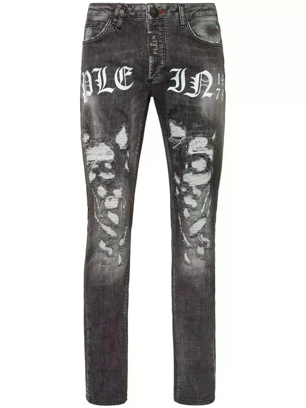 Philipp Plein Logo Print Distressed Straight-leg Jeans