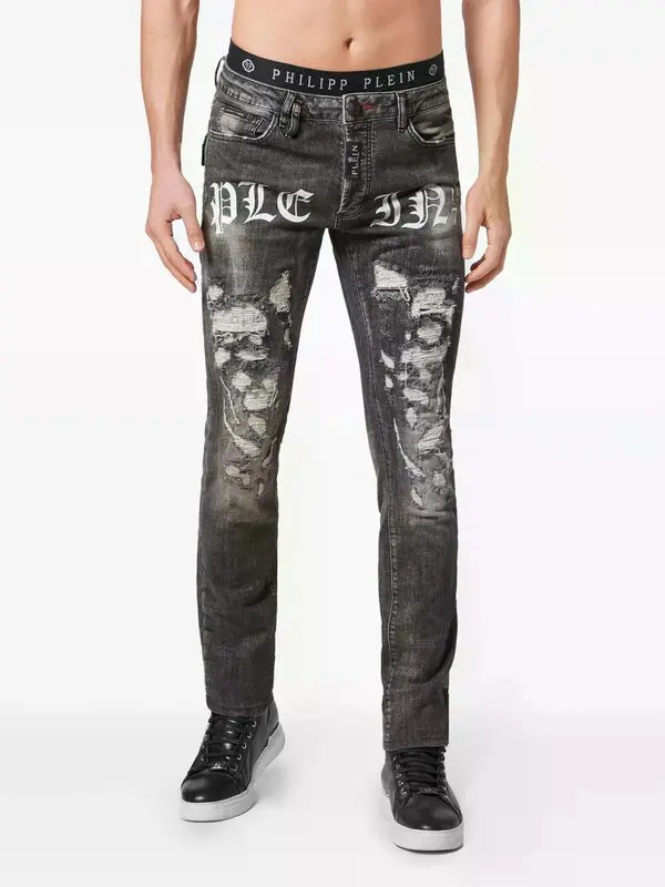 Philipp Plein Logo Print Distressed Straight-leg Jeans