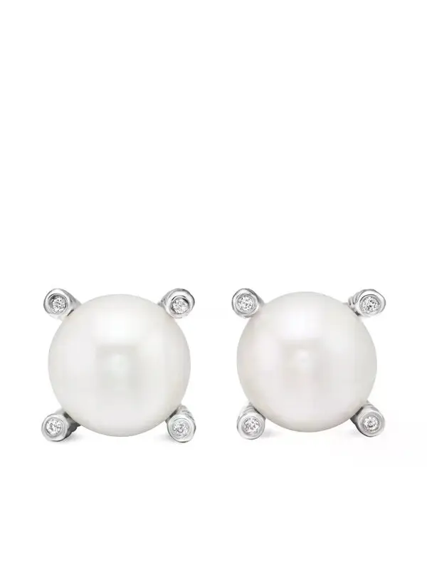 David Yurman Sterling Pearl, And Diamond Stud Earrings - Silver