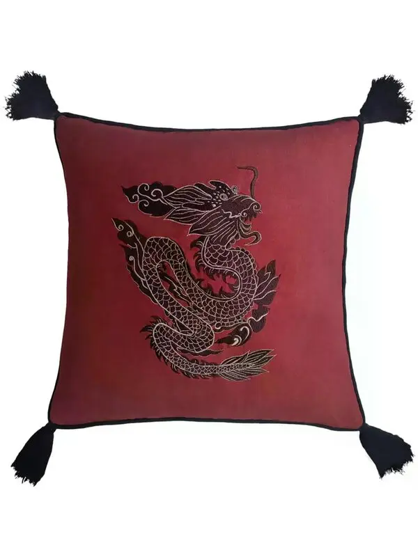 LES-OTTOMANS Dragon Embroidered Cushion - Red