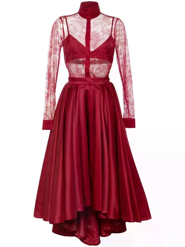 SAIID KOBEISY Lace And Taffeta Pleated Playsuit - Red