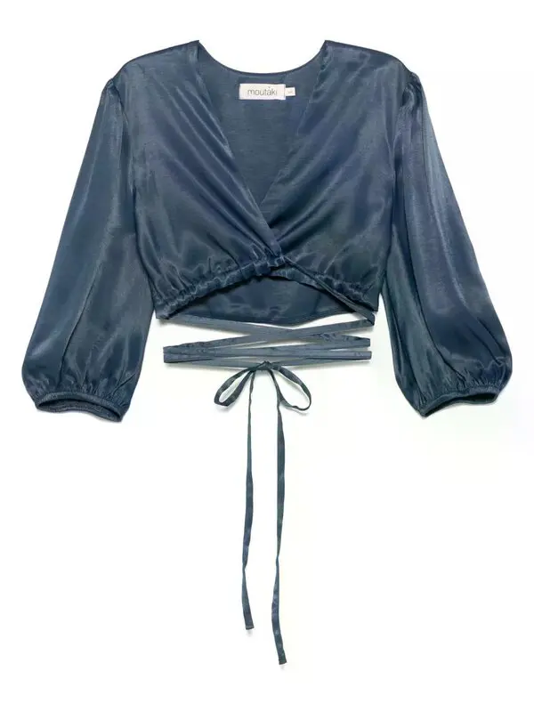 MOUTAKI Navy Satin Cropped Blouse - Blue
