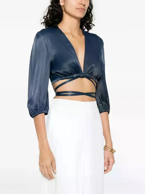 MOUTAKI Navy Satin Cropped Blouse - Blue