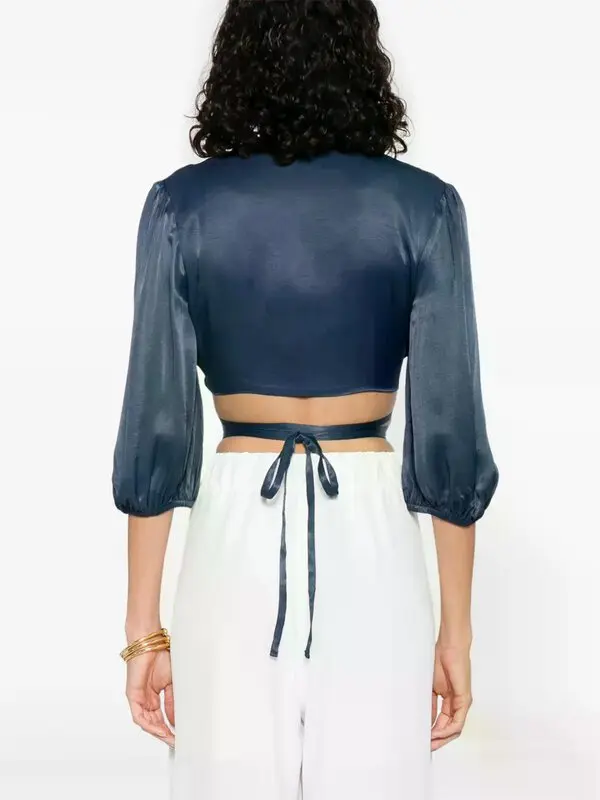 MOUTAKI Navy Satin Cropped Blouse - Blue